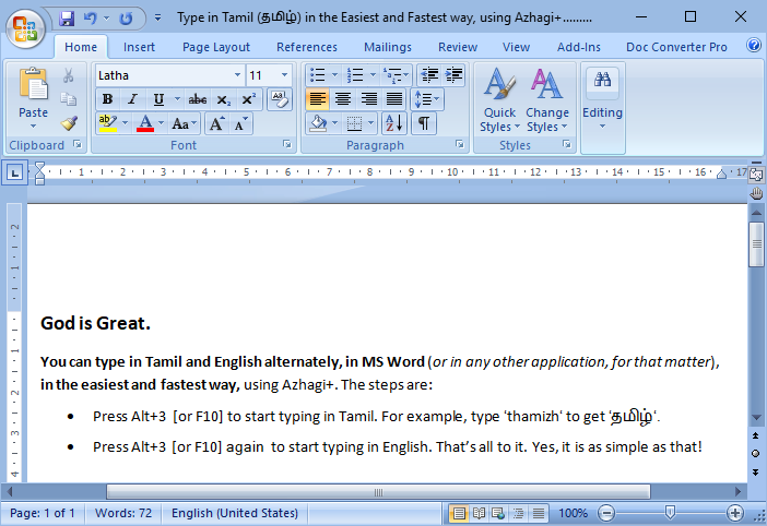Azhagi Direct Tamil Transliteration Typing In MS Word
